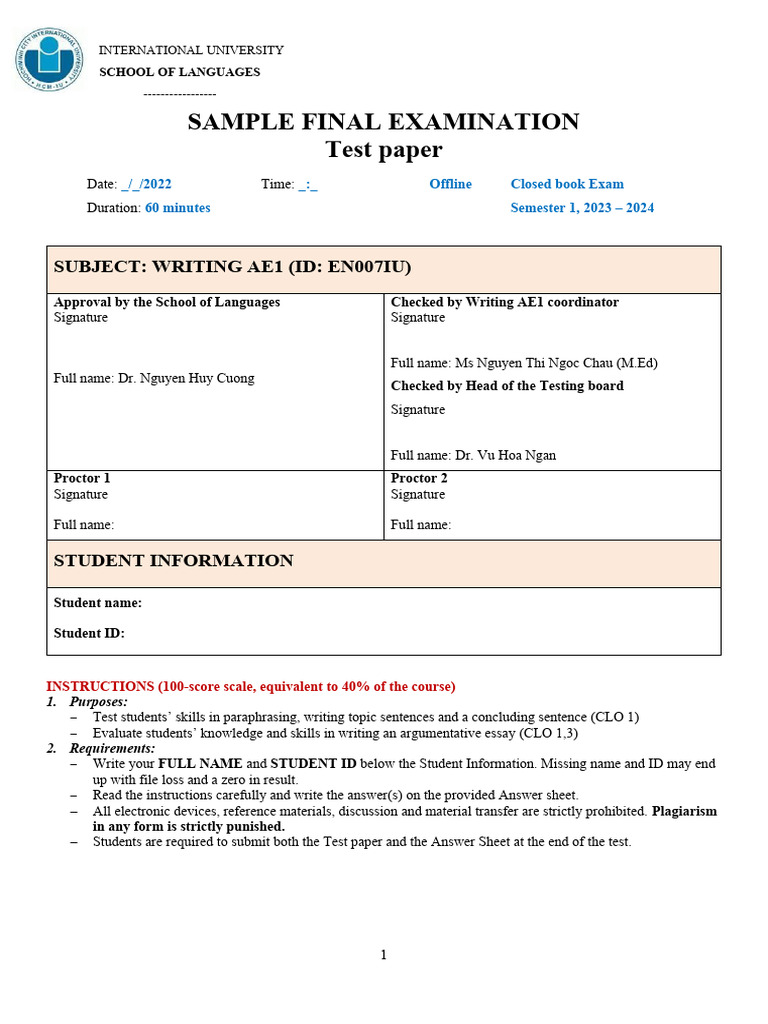 Writing AE1 Final Exam Instructions | PDF | Essays