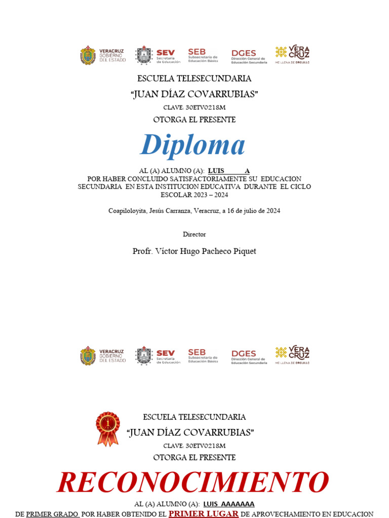 Reconocimiento y Diploma 2024 | PDF | Educación Secundaria | Escuelas