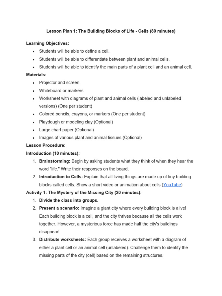 7 Grade Science 1st Topic Lesson Plan 1 | PDF | Cell (Biology) | Lesson ...