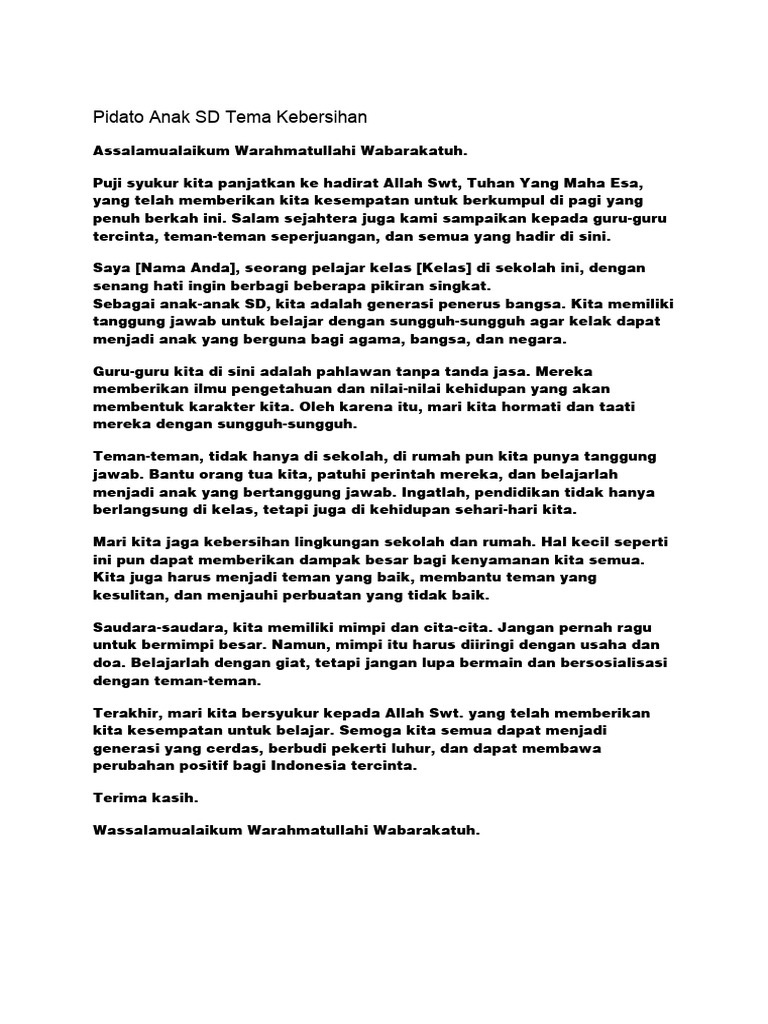 Pidato Anak SD Tema Kebersihan | PDF