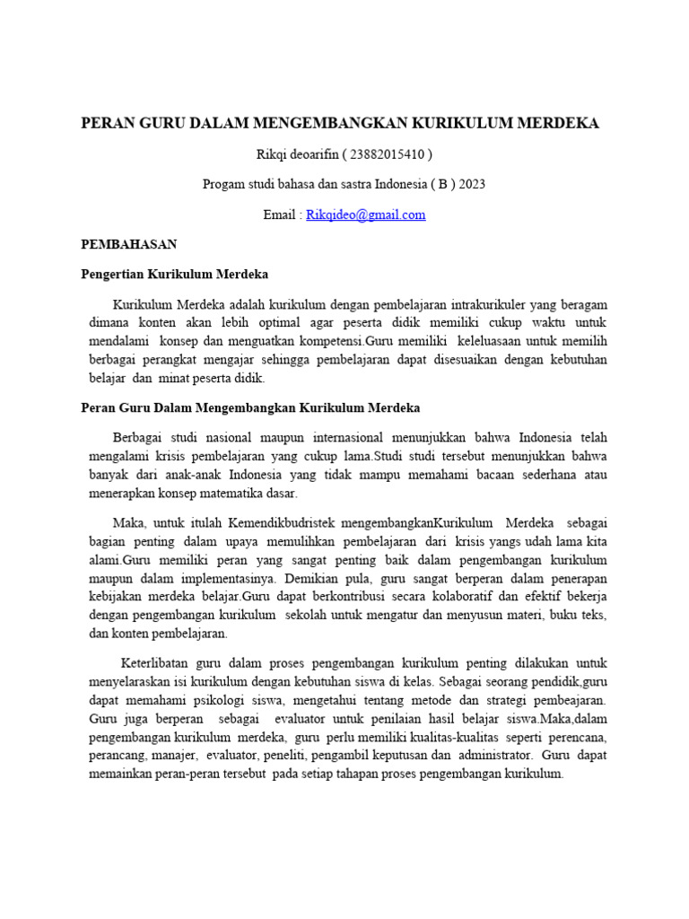 PERAN GURU DALAM MENGEMBANGkan KURIKULUM MERDEKA 1 | PDF