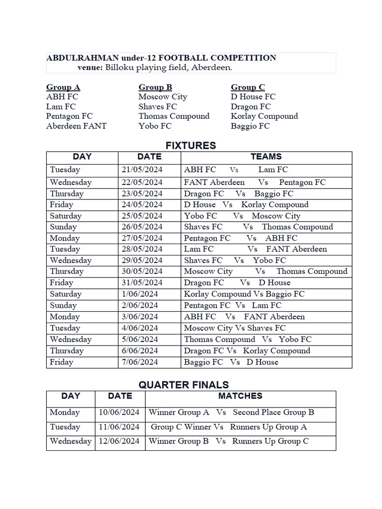 Abdulrahman Under-12 Fixtures | PDF