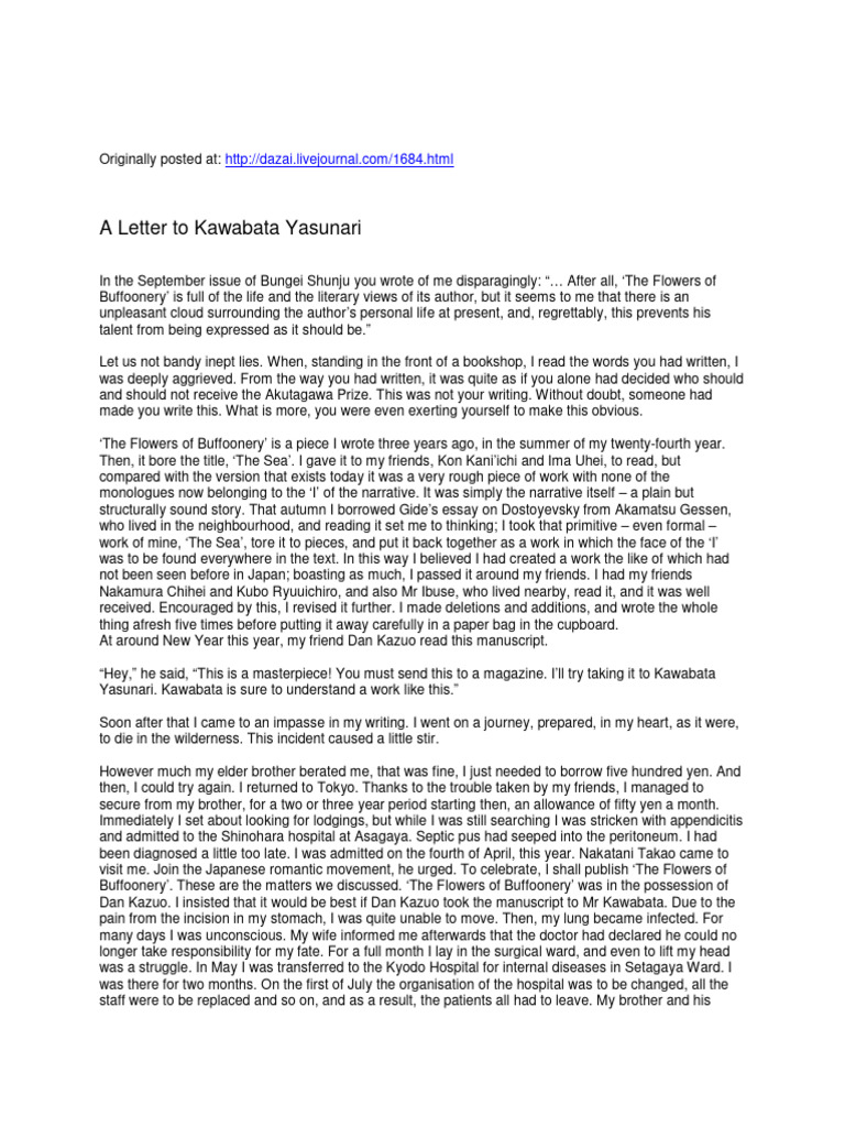 Dazai Osamu - A Letter To Kawabata Yasunari | PDF | Poetry