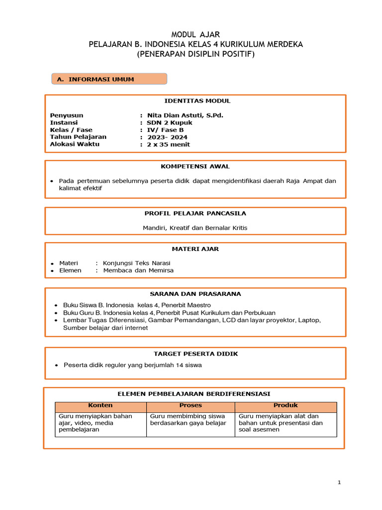 MODUL AJAR BERDIFERENSIASI DISIPLIN POSITIF BHS IND KLS. 4 New | PDF