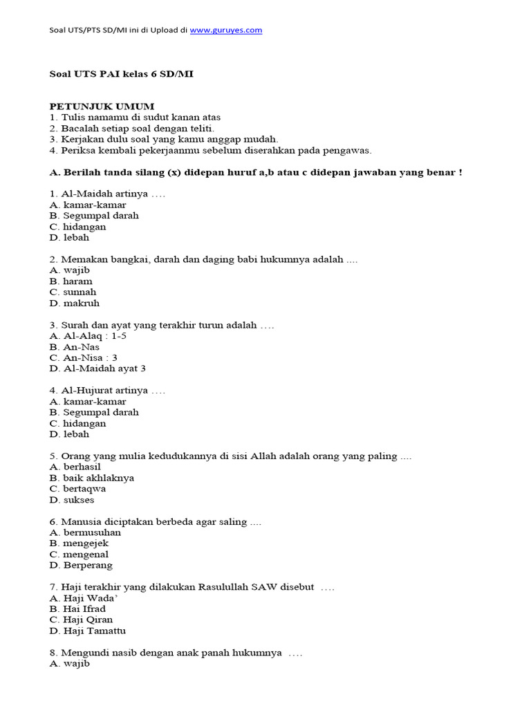 Soal UTS PAI Kelas 6 SD MI Dan Kunci Jawaban | PDF | Agama & Spiritualitas