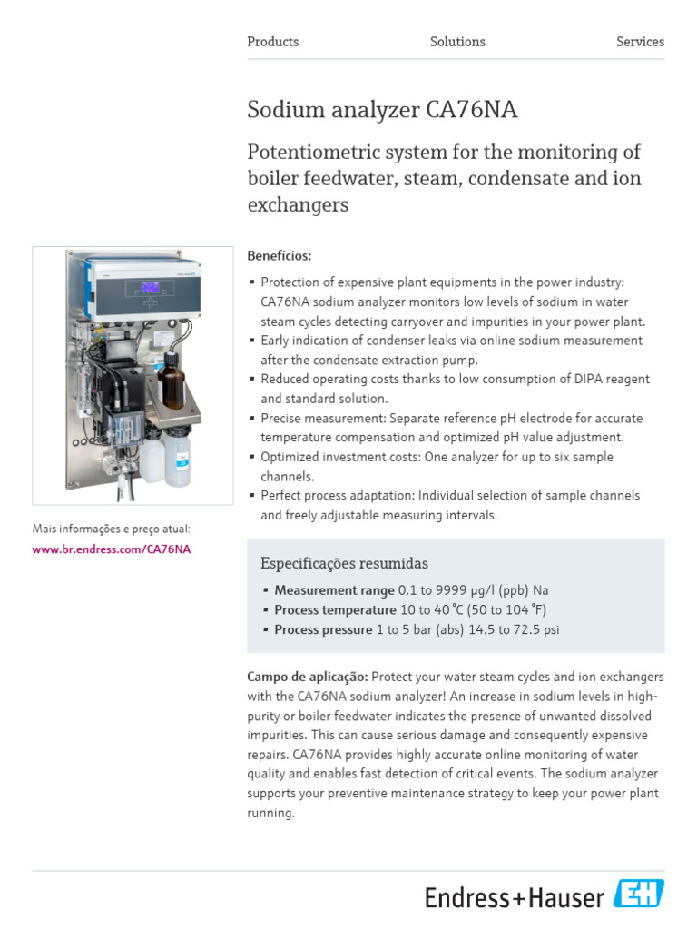 CA76NA Sodium Analyzer for Water Quality | PDF | Sodium | Boiler