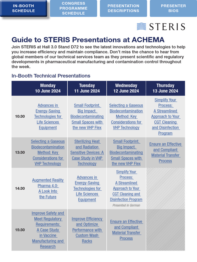 STERIS - ACHEMA 2024 Presentations Flyer | PDF | Sterilization (Microbiology) | Energy Conservation