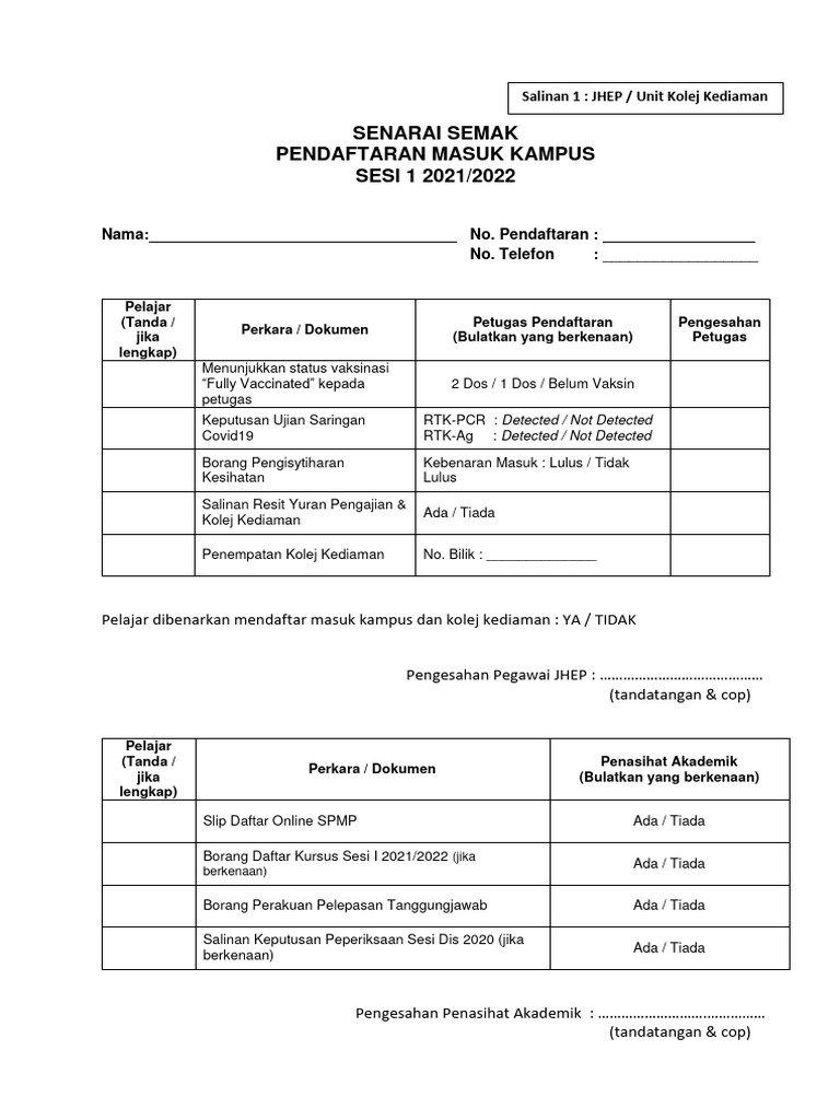 Senarai Semak Pendaftaran Kampus 2021/2022 | PDF