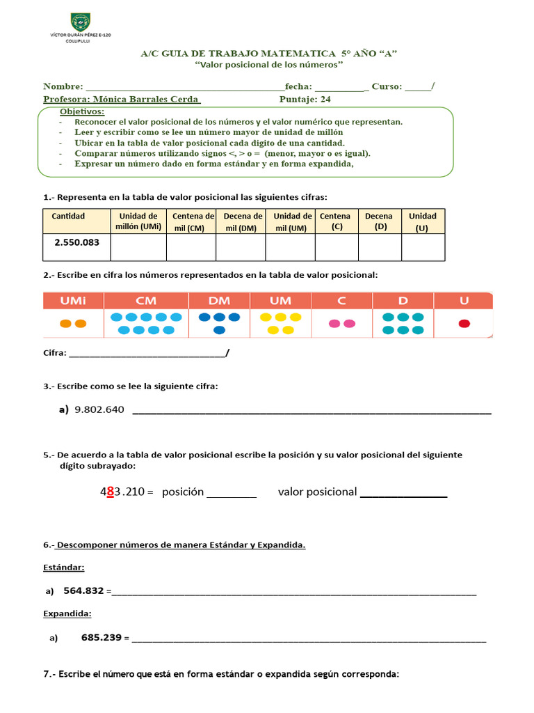 Ejercicios de Valor Posicional 5° Grado | PDF | Aritmética ...
