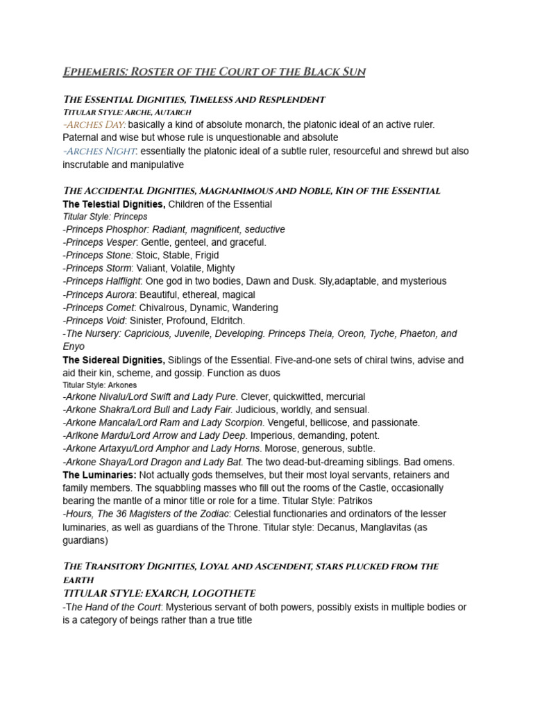 Ephemeris - Roster of The Court of The Black Sun | PDF