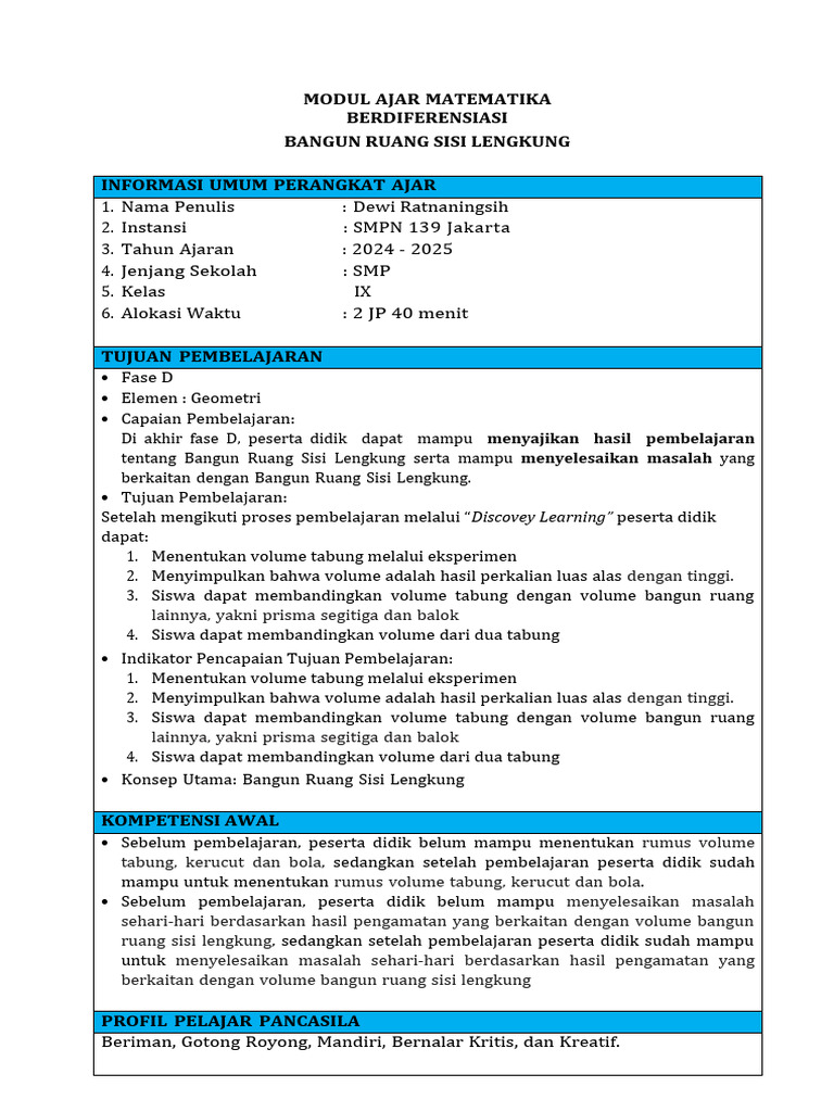 Modul Ajar Bangun Ruang Sisi Lengkung Kelas 9 Sem 1 | PDF | Metode ...