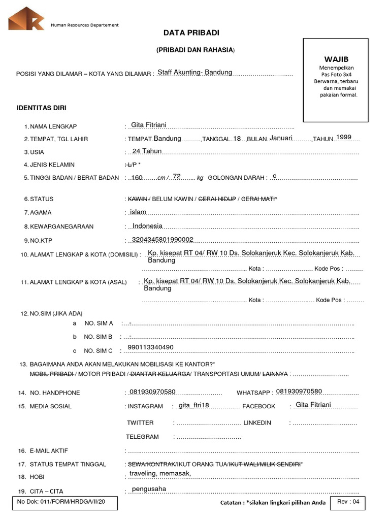 Form Lamaran Gita F | PDF