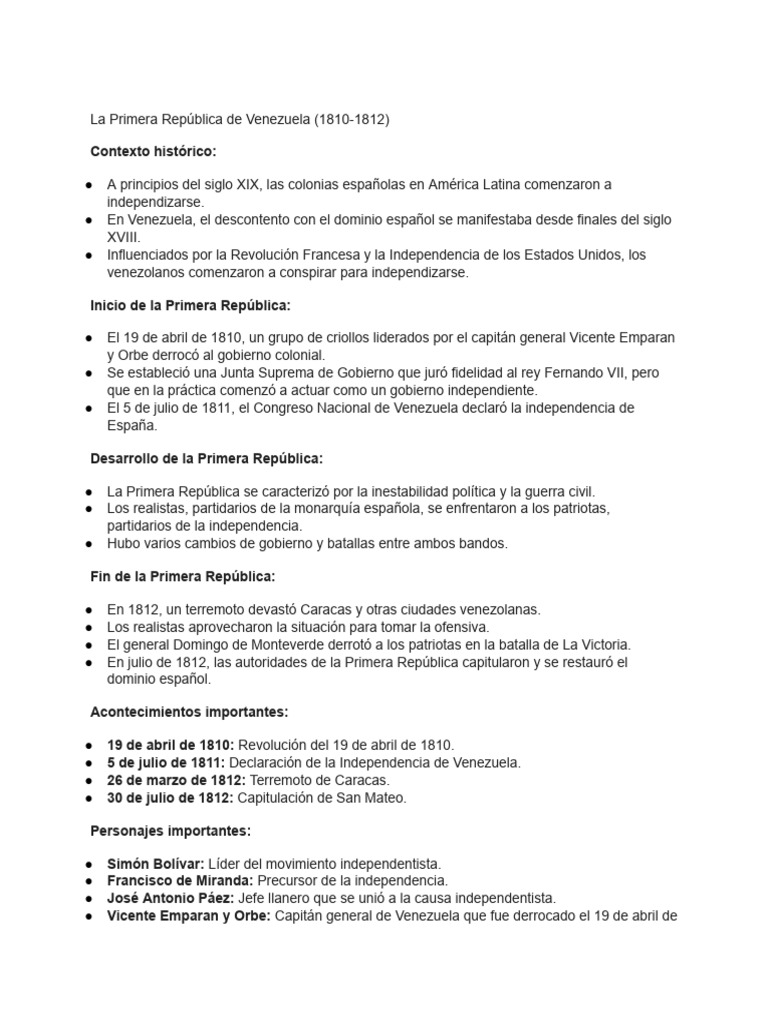 Primera República de Venezuela | PDF | Venezuela