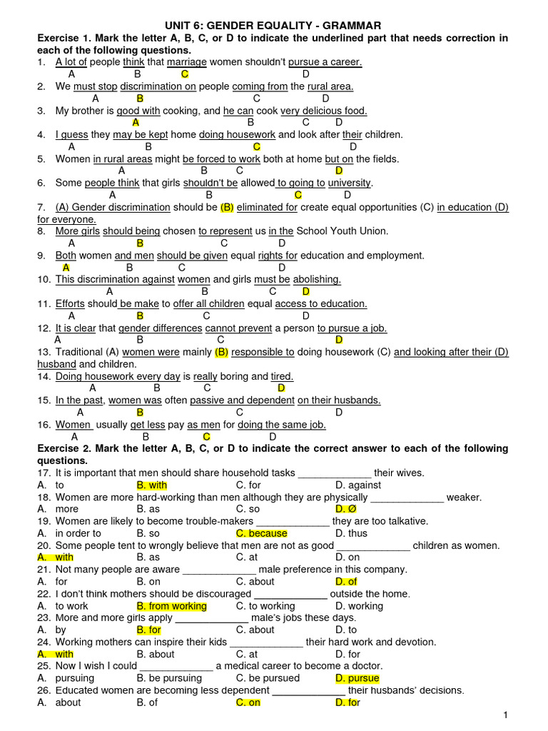 Anh 10 Unit 6 Grammar HS | PDF | Gender Studies | Gender Equality
