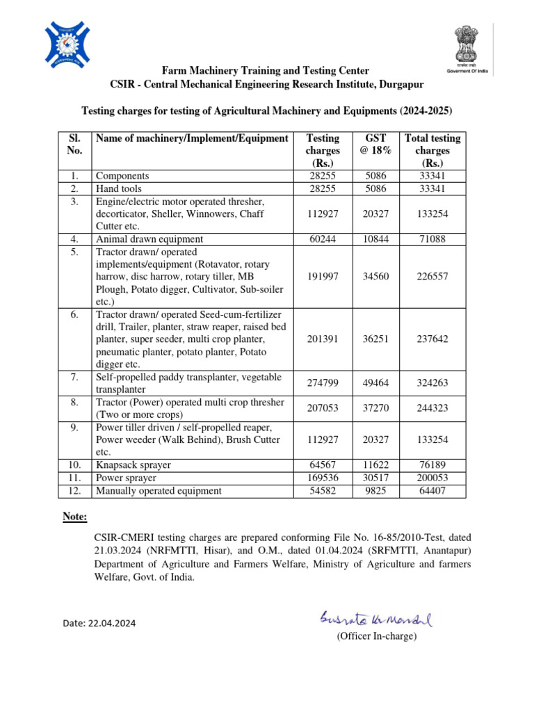 Testing Charges 24 25 | PDF | Agricultural Machinery | Tractor