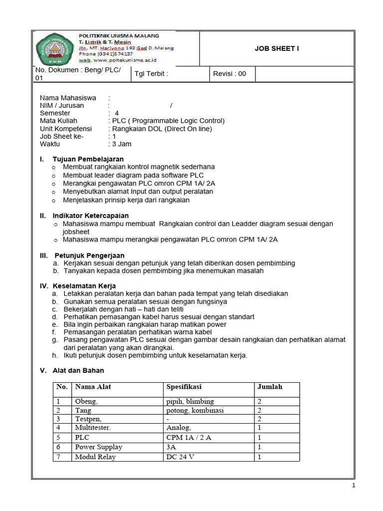 Job Sheet PLC 1 Dol | PDF
