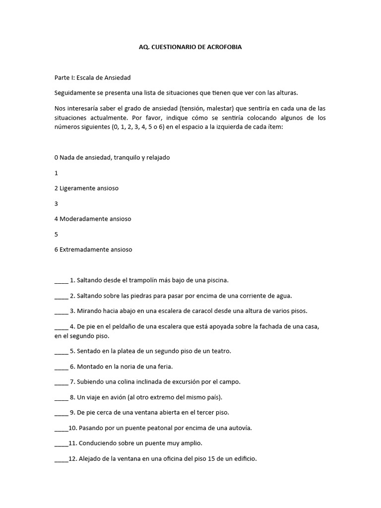 Cuestionario de Acrofobia | PDF