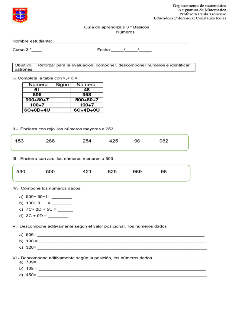 Guía de Repaso Prueba de Numeros Componer, Descomponer Números e ...