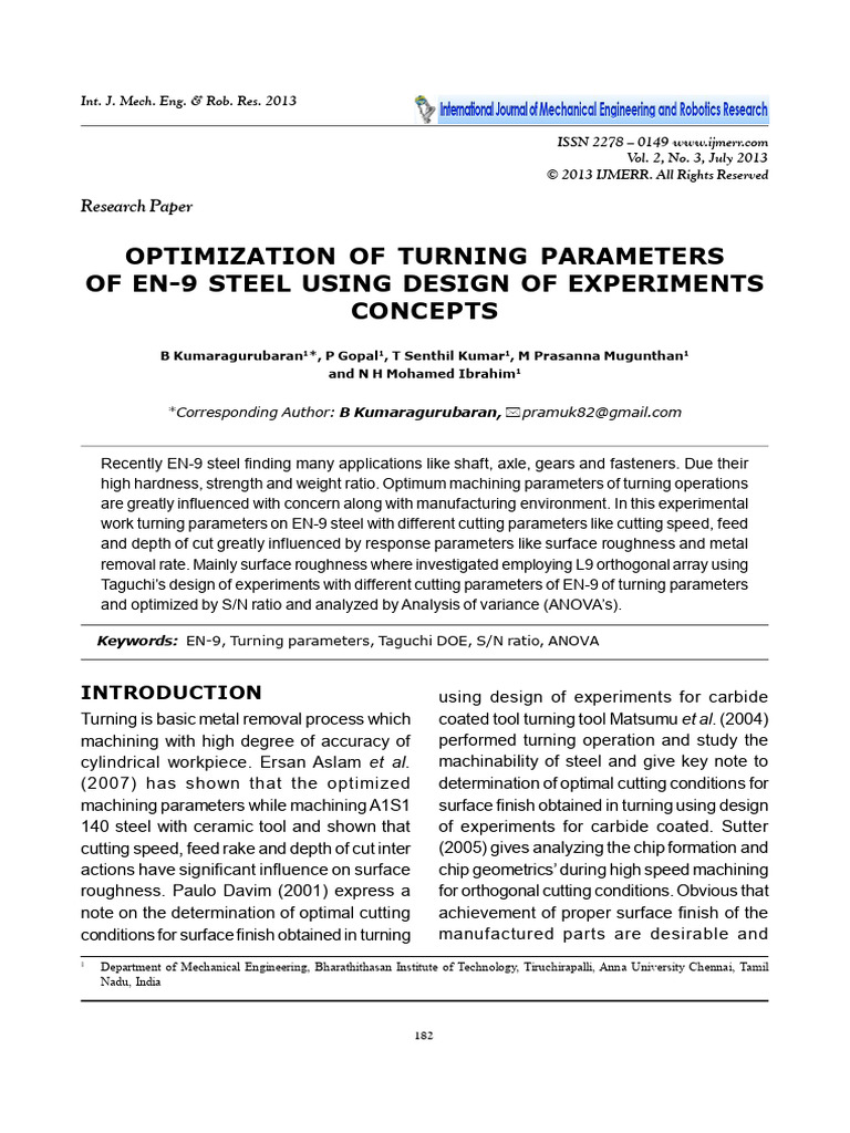Optimization of Turning Parameters of En-9 Steel Using Design of Experiments Concepts | PDF ...