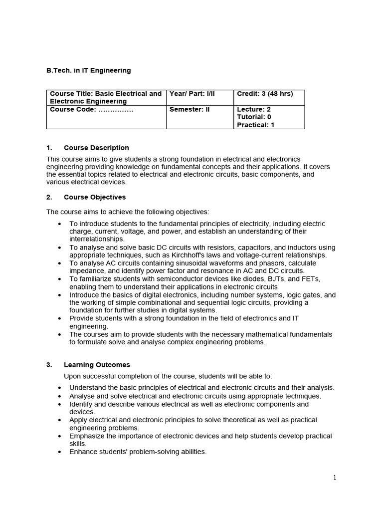 Basic Electrical and Electronics Engineering Syllabus | PDF | Amplifier | Electrical Network