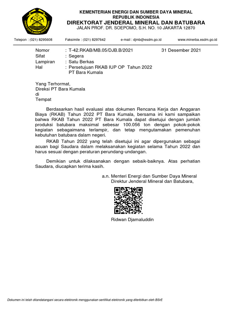 Surat - Persetujuan Rkab - 2022 - 302 - Tte | PDF