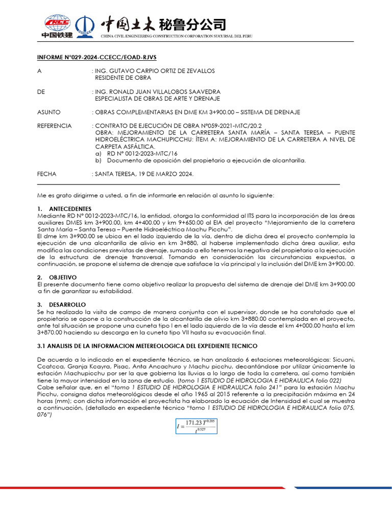 Informe 029-2023 Obras Complementarias DME KM 3+900.00 | PDF | Precipitación | Hidrología