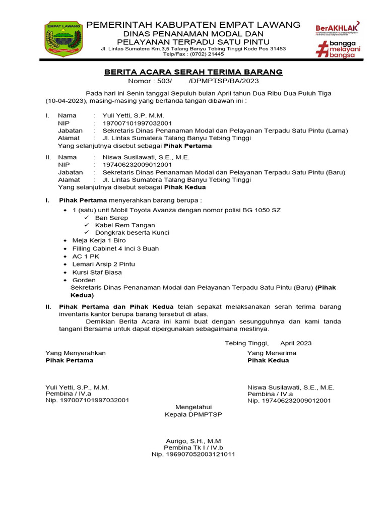 Berita Acara Serah Terima Barang DPMPTSP | PDF