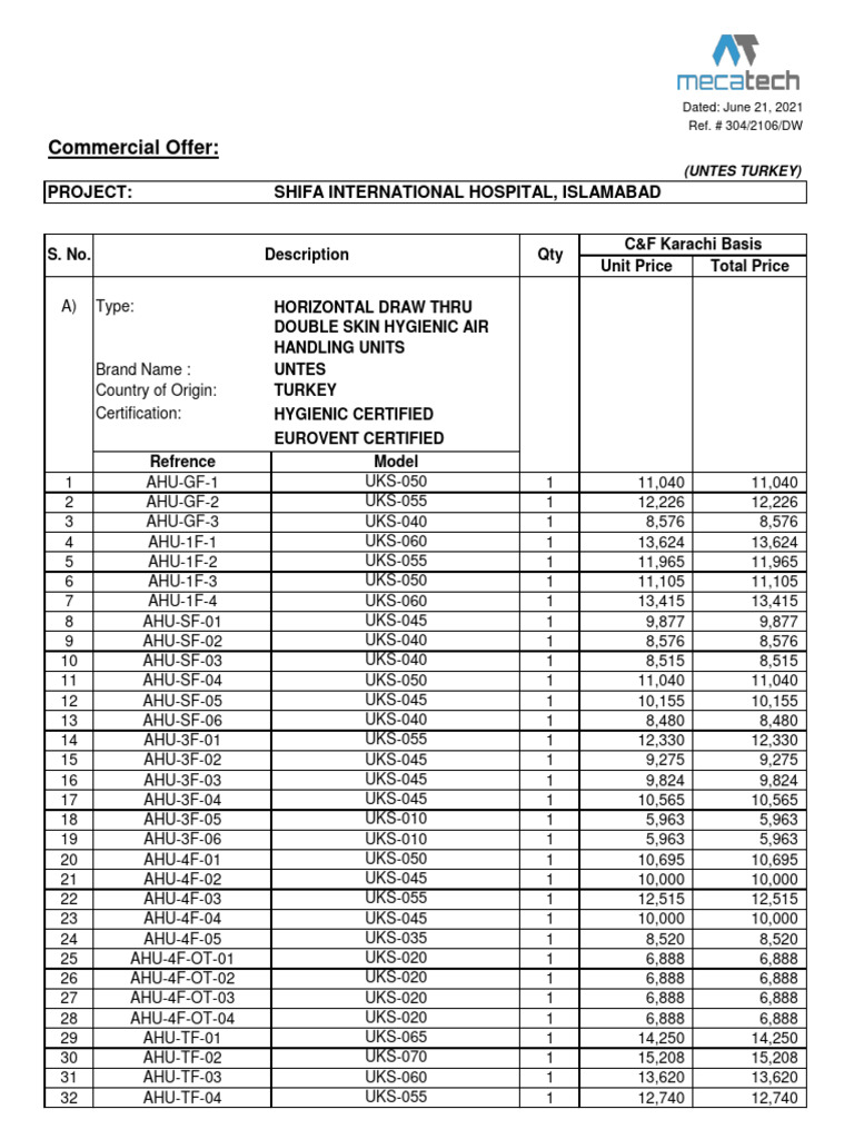 01 - Commercial Offer-AHU + FCU - UNTES | PDF | Electrical Engineering ...
