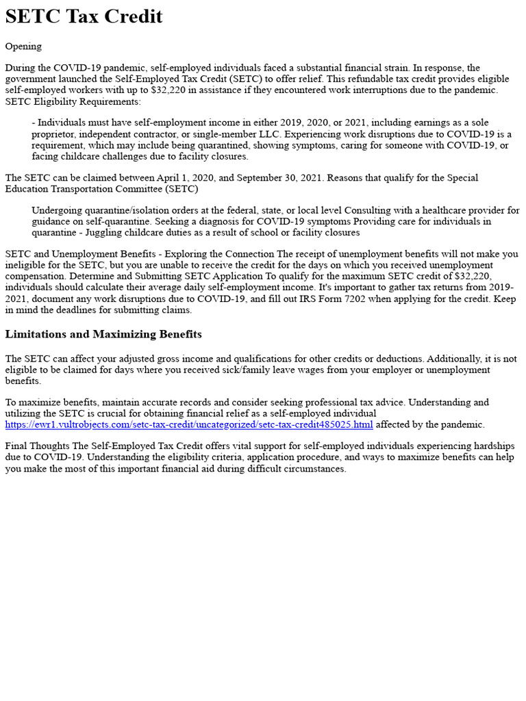 Self-Employed Tax Credit Overview | PDF | Self Employment | Small ...
