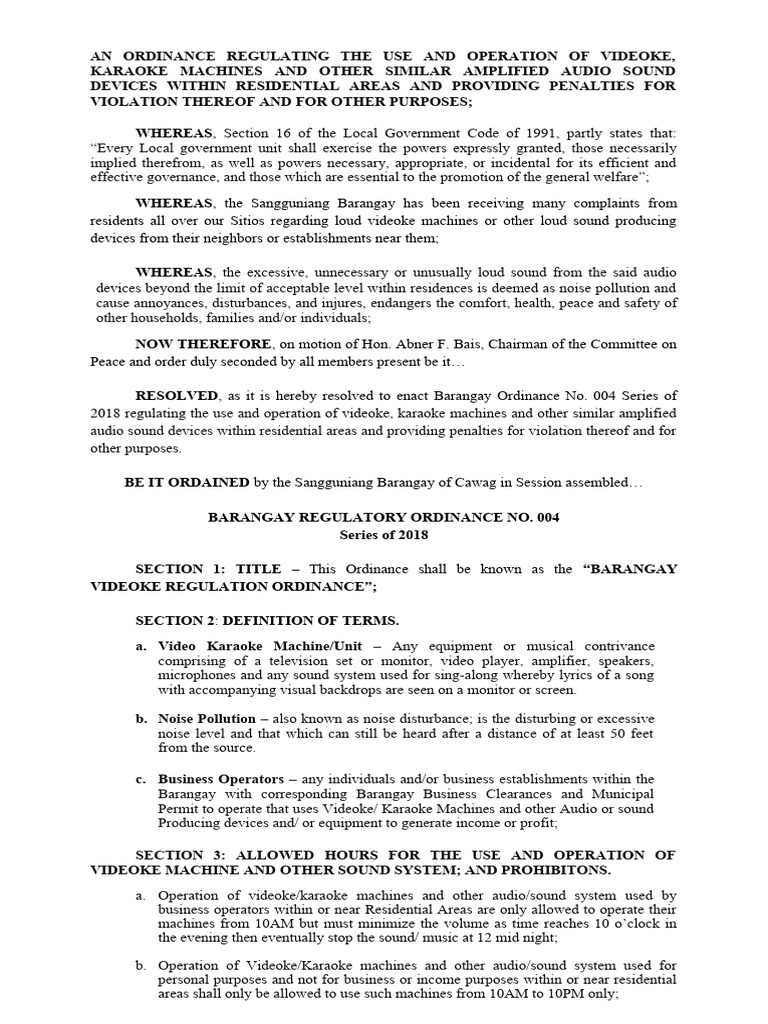 An Ordinance Regulating The Use of Videoke Machine and Other Sound ...