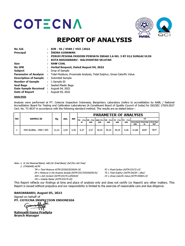 Report of Analysis - PAN GLOBAL - August 04, 2022 - 1 KODE SAMPLE | PDF