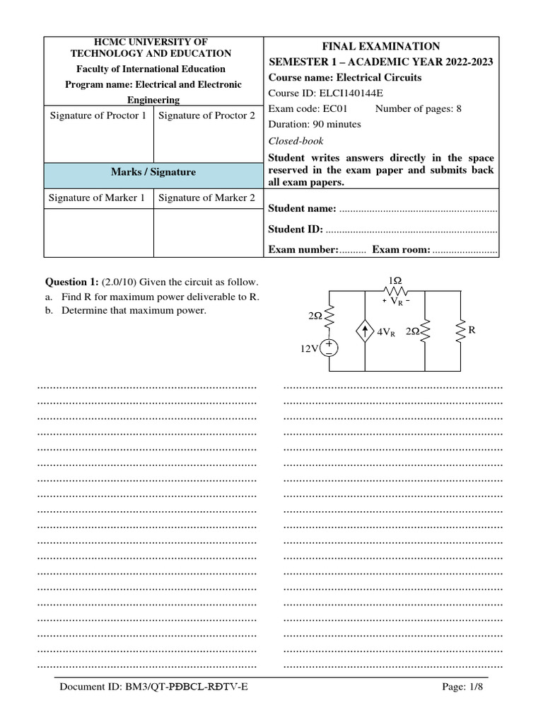 Electrical Circuits Final Exam 2022-2023 | PDF | Electrical Network ...