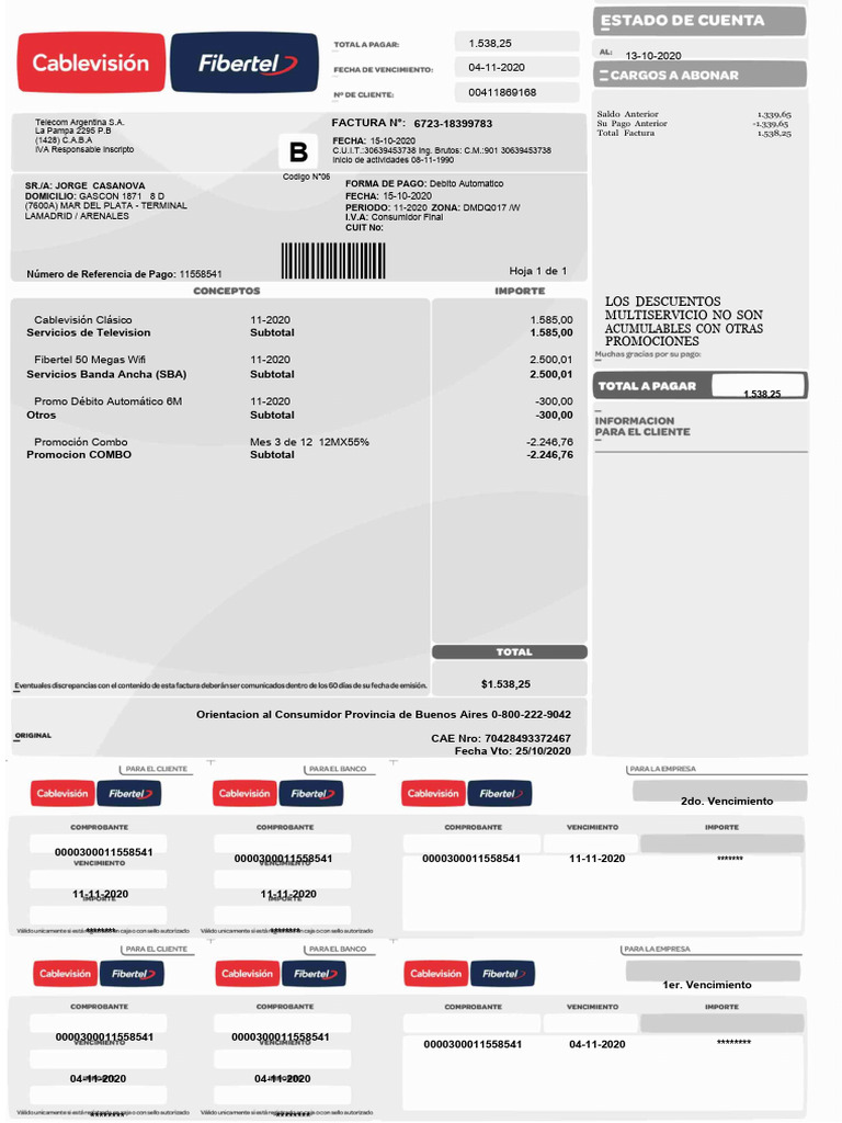 Factura Telecom Argentina Oct 2020 | PDF | Pagos | Buenos Aires