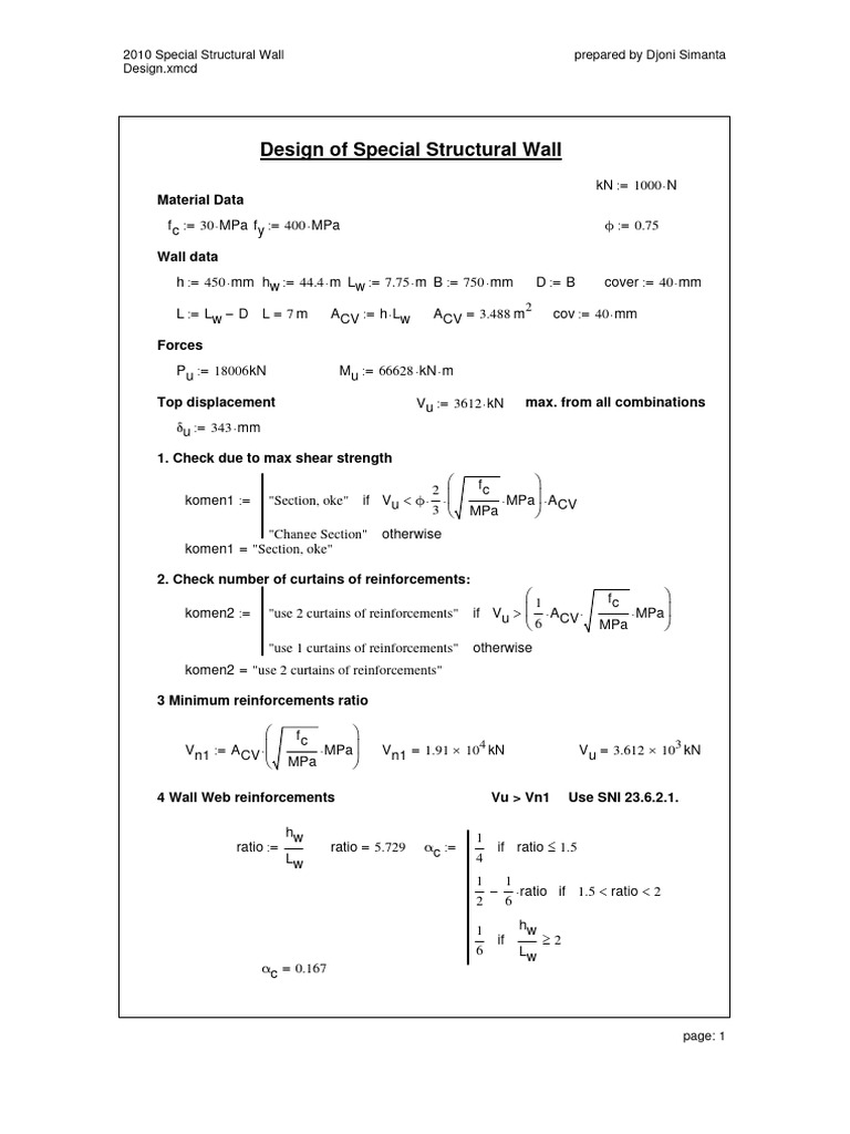 Mathcad - 2010 Special Structural Wall Design | PDF