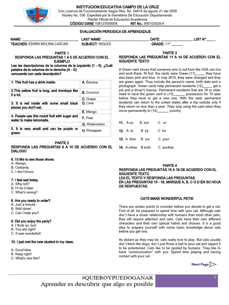 Final Exam 11th | PDF | Cats | Pet
