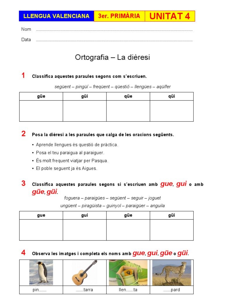 Exercicis Unitat 4 - Ortografia - La Dièresi | PDF