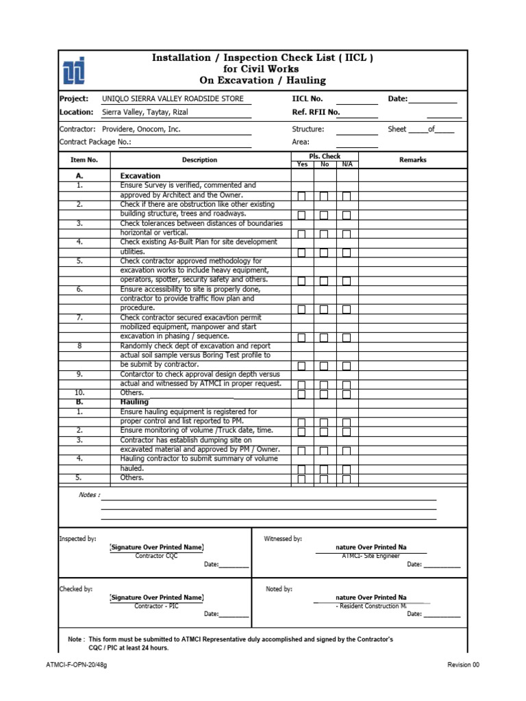 Excavation and Hauling Inspection Checklist | PDF