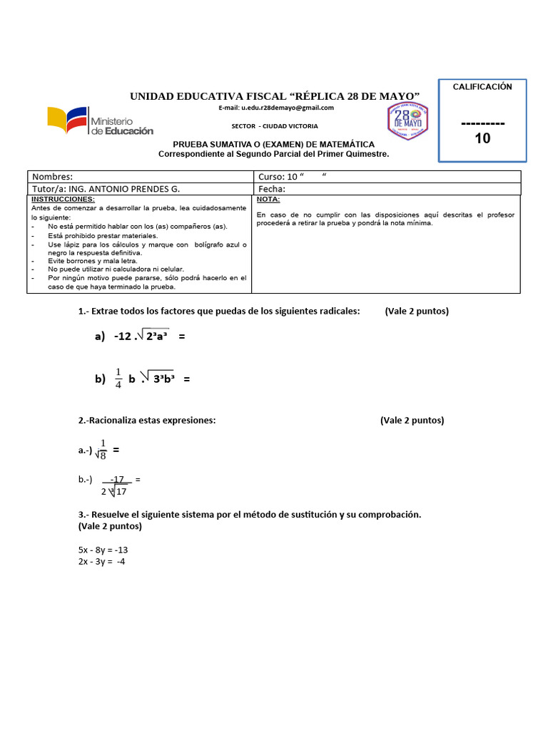 Eval. 10mo. 2P.1Q | PDF | Matemáticas
