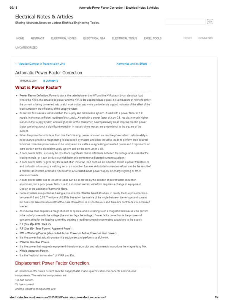 Automatic Power Factor Correction - Electrical Notes & Articles | PDF ...