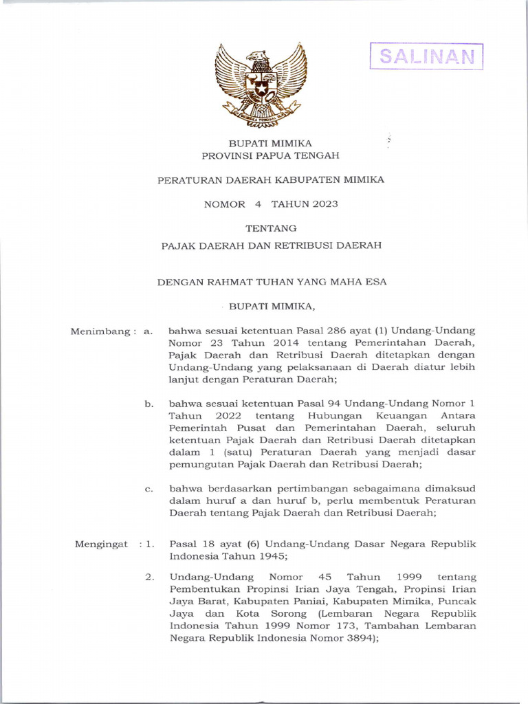 Nomor 4 Tahun 2023 TTG Pajak Daerah Dan Rbtribusi Daerah | PDF