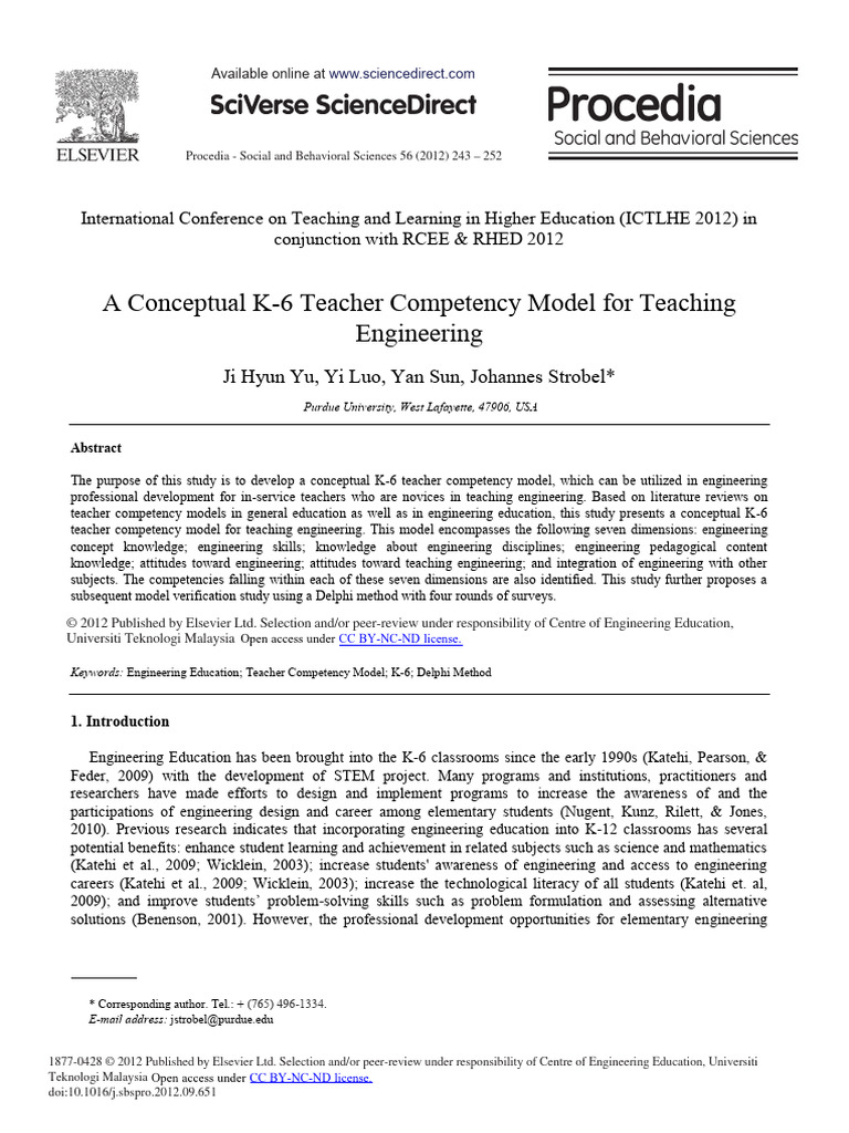 A Conceptual K-6 Teacher Competency Model For Teaching Engineering ...