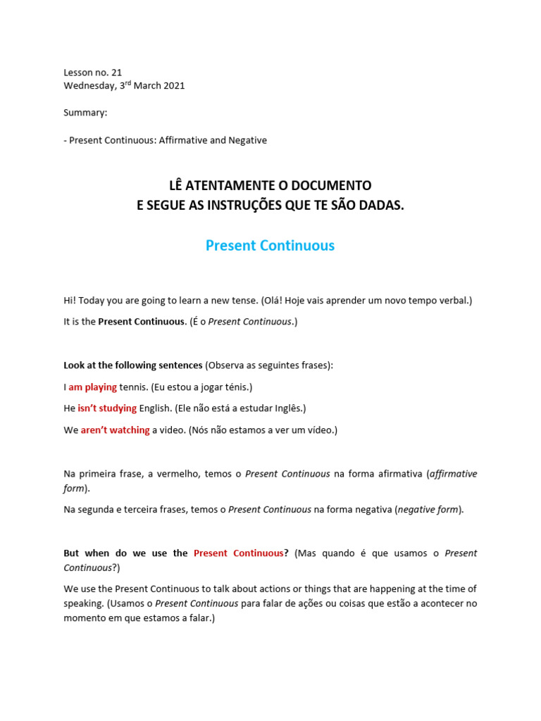 Antonieta Rodrigues - 6º 2 - Lesson No. 21 - Present Continuous - Affirmative and Negative | PDF ...