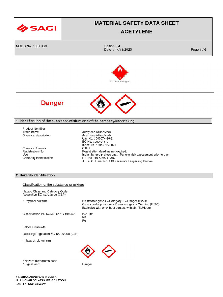 MSDS ACETYLENE - SAGI | Download Free PDF | Combustion | Firefighting