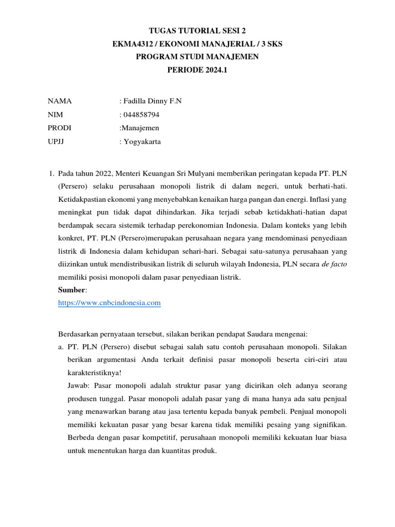 Tugas Tutorial Sesi 2 Eko Manajerial | PDF | Ilmu Sosial