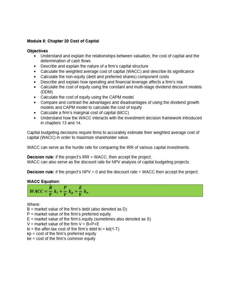 Busi 370 Module 8 Notes | PDF | Cost Of Capital | Capital Budgeting