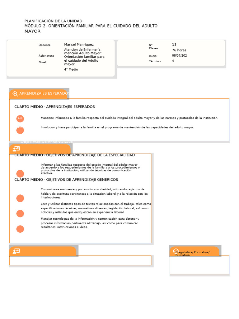 MODULO ORIENTACIÓN FAMILIAR PARA EL CUIDADO DEL ADULTO MAYOR ANUAL 4° B PDF | PDF | Evaluación ...