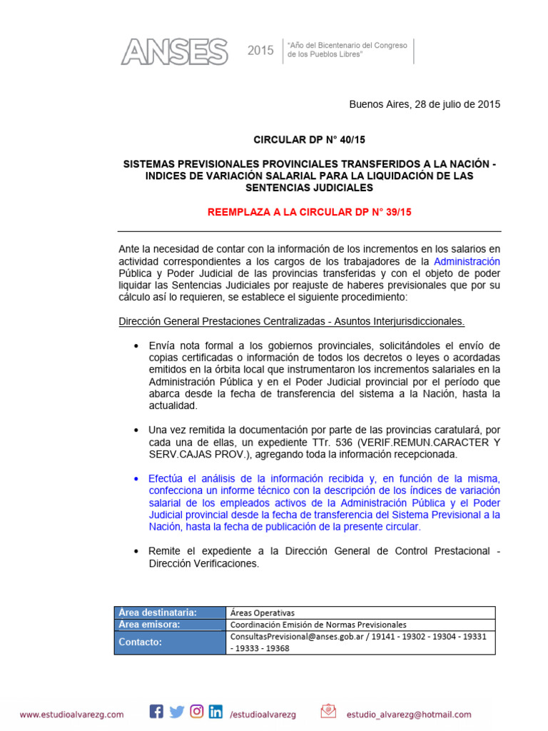 Anses Circular DP #40/15 Sistemas Previsionales Provinciales ...