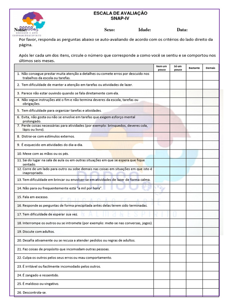ESCALA DE AVALIAÇÃO SNAP-IV Atualizada | Download grátis PDF ...