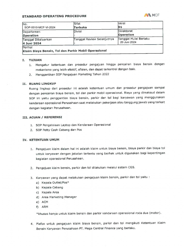 SOP Klaim Biaya Bensin, Tol, Dan Parkir Mobil Operasional - MCF | PDF
