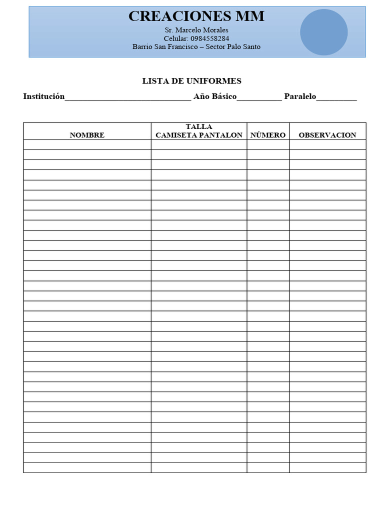 Lista de Uniformes Creaciones Mm | PDF